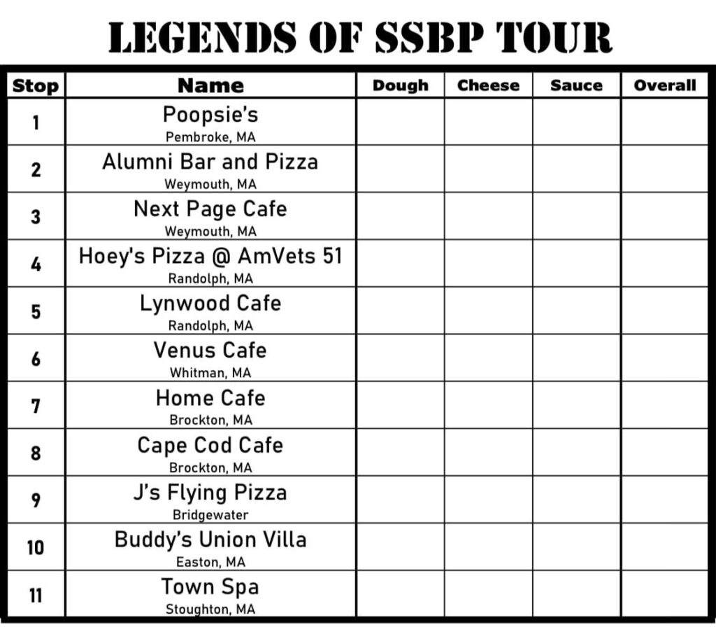 Bar Pizza Legends Tour Scorecard - Everything South Shore Bar Pizza